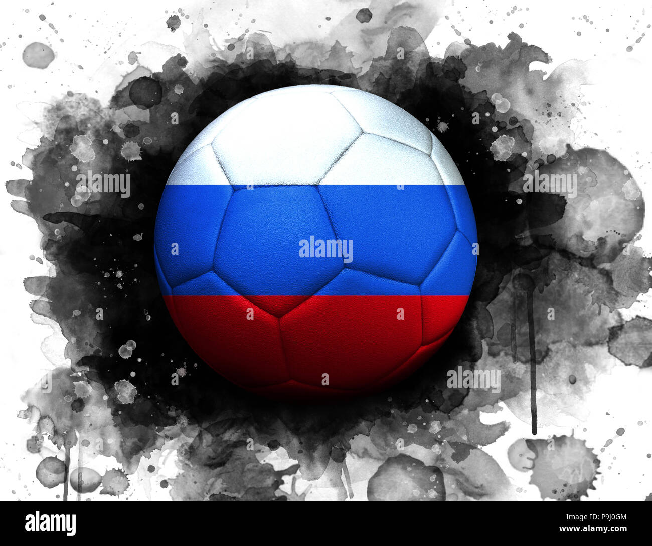 Soccer ball with flag of Russia, close up, watercolor effect on white ...