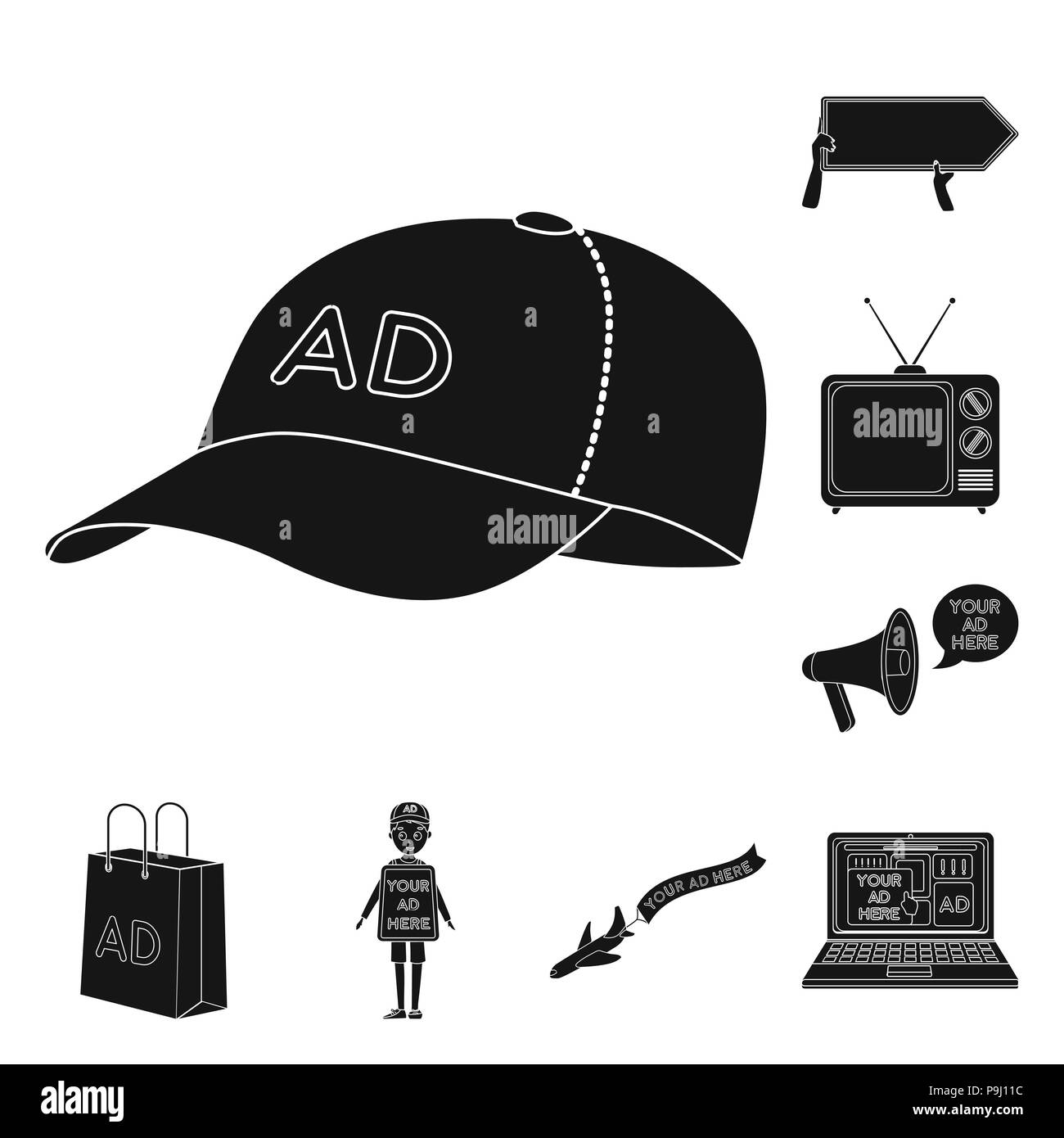 Production of advertising black icons in set collection for design ...