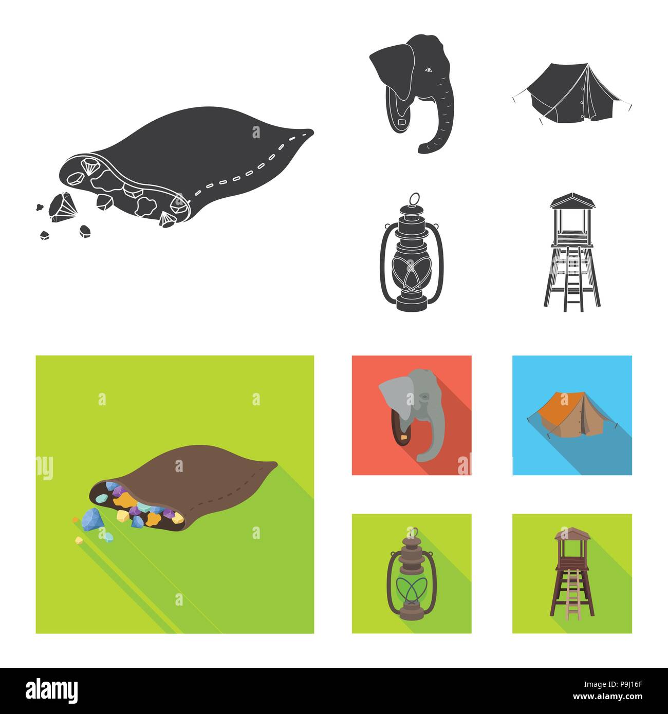 A bag of diamonds, an elephant head, a kerosene lamp, a tent. African ...