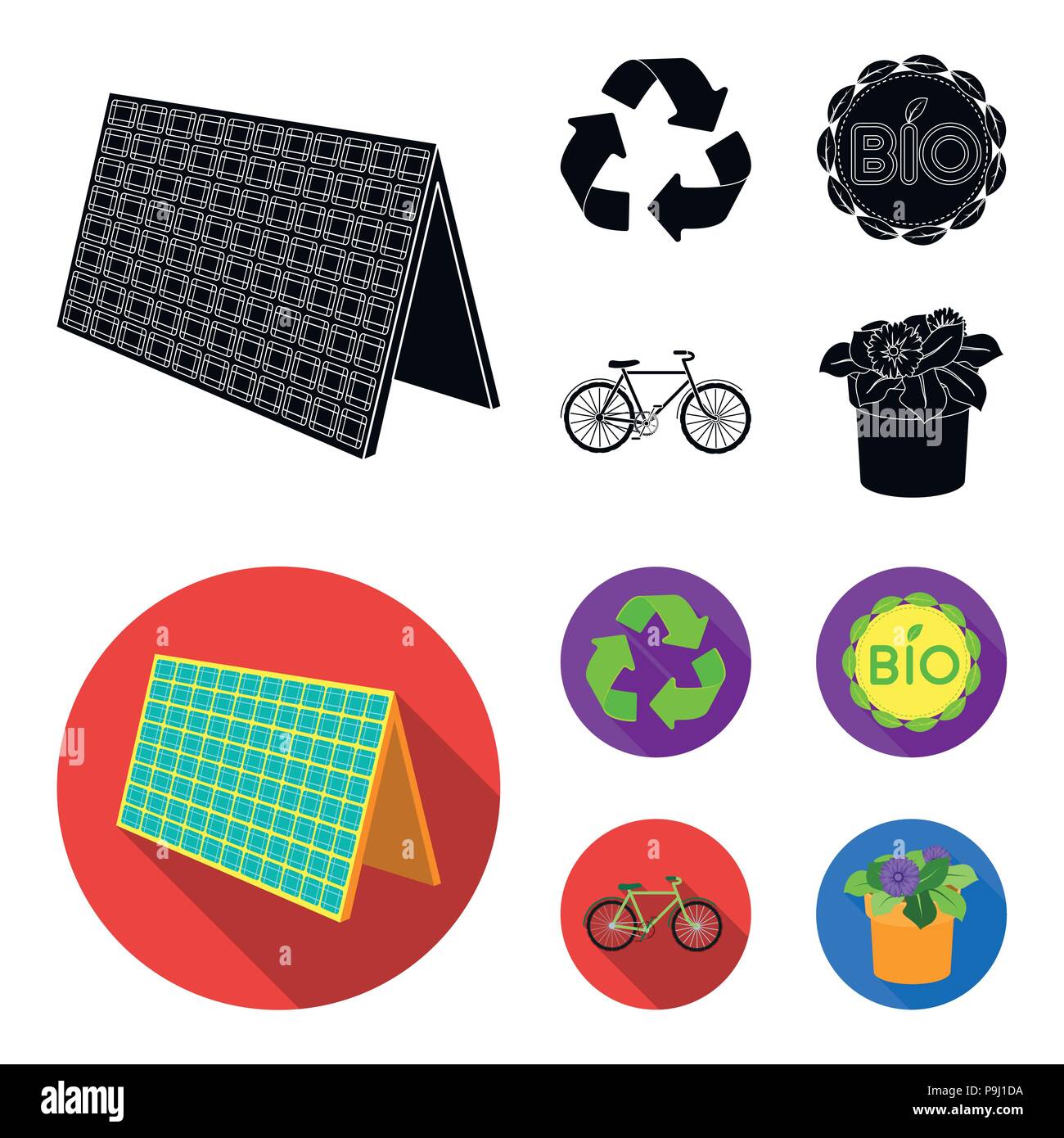 Bio label, eco bike, solar panel, recycling sign.Bio and ecology set ...
