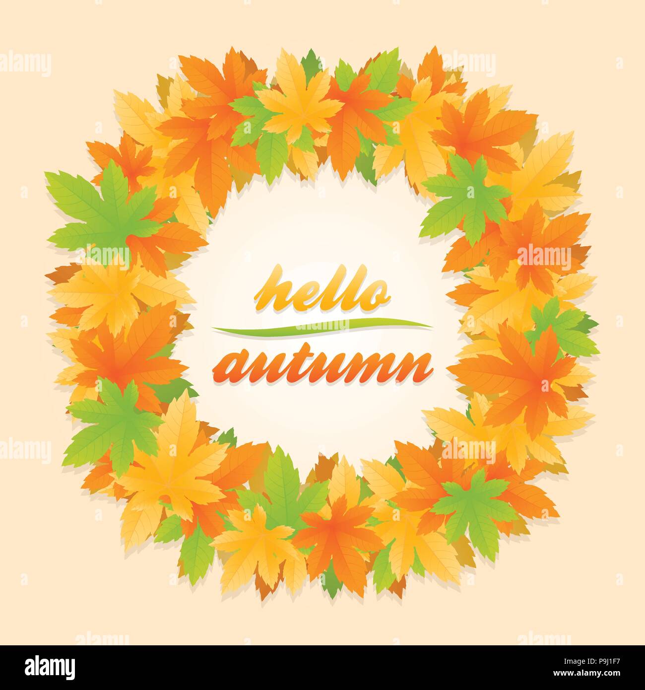 Hello autumn circle banner surrounded with frame of orange, yellow and ...
