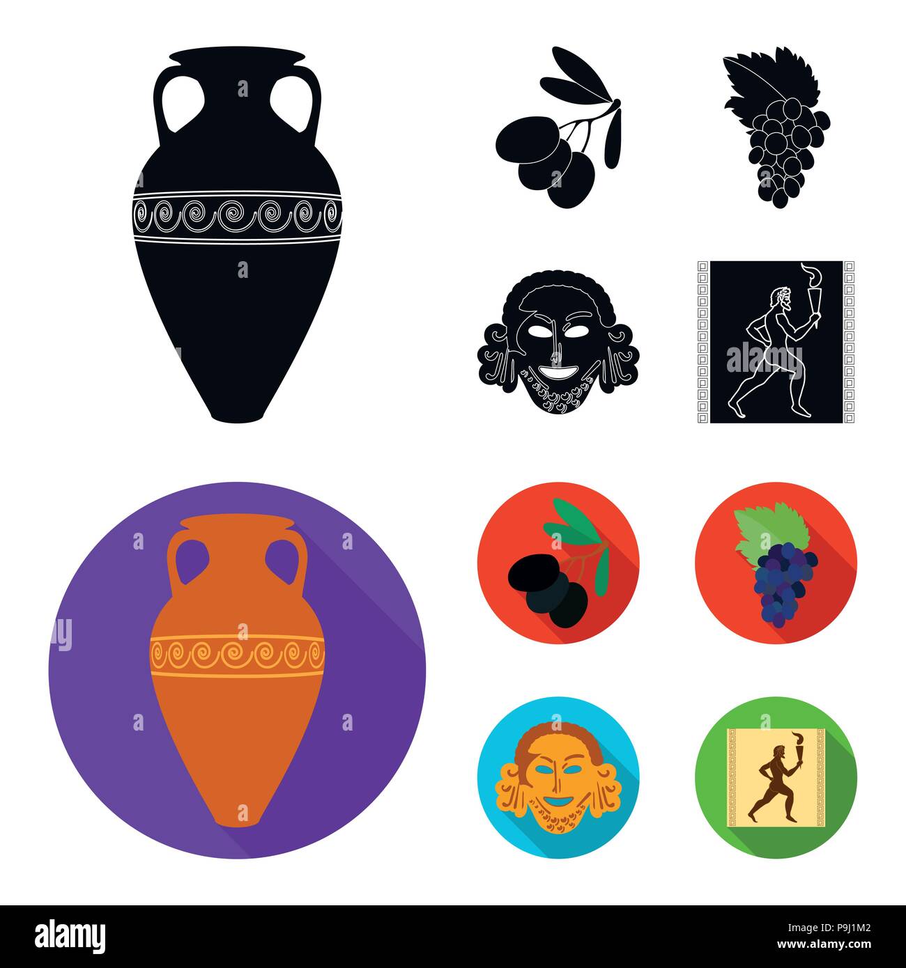 Greece, olive, branch, vase .Greece set collection icons in black, flat ...