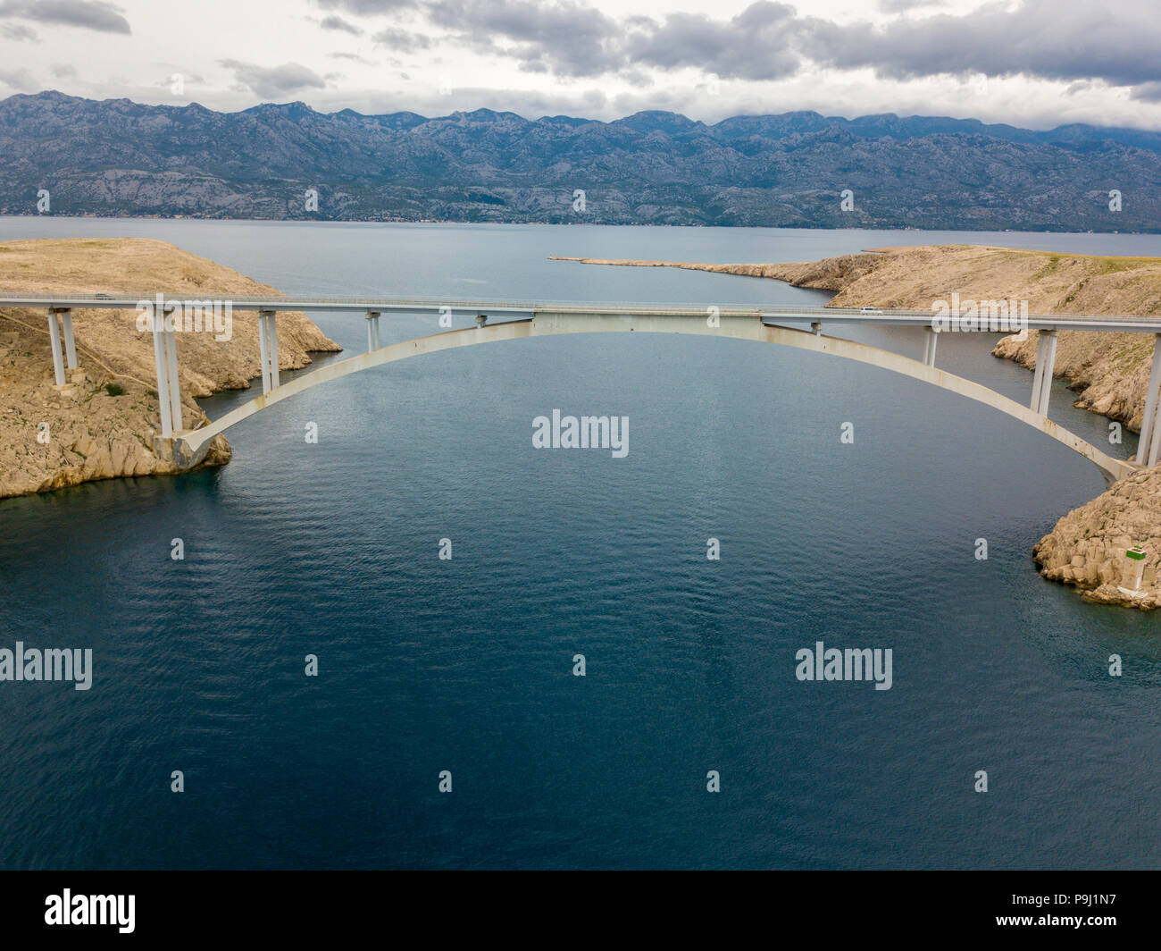 Aerial view of the bridge of the island of Pag, Croatia, roads and ...