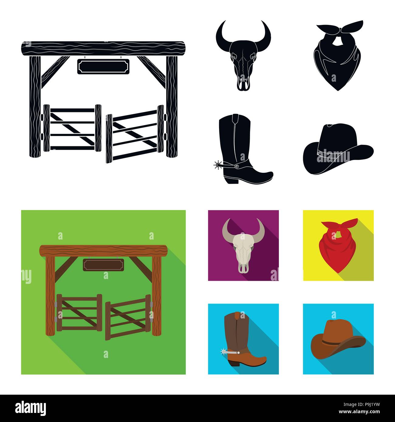 Gates, a bull skull, a scarf around his neck, boots with spurs. Rodeo ...