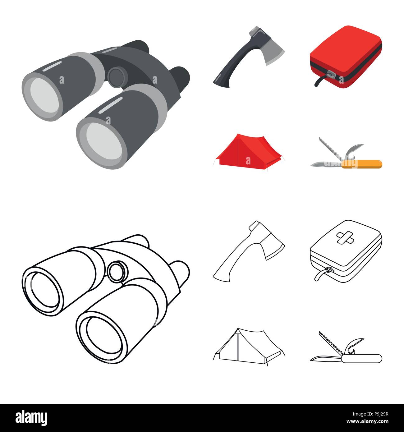 Ax, first-aid kit, tourist tent, folding knife. Camping set collection ...
