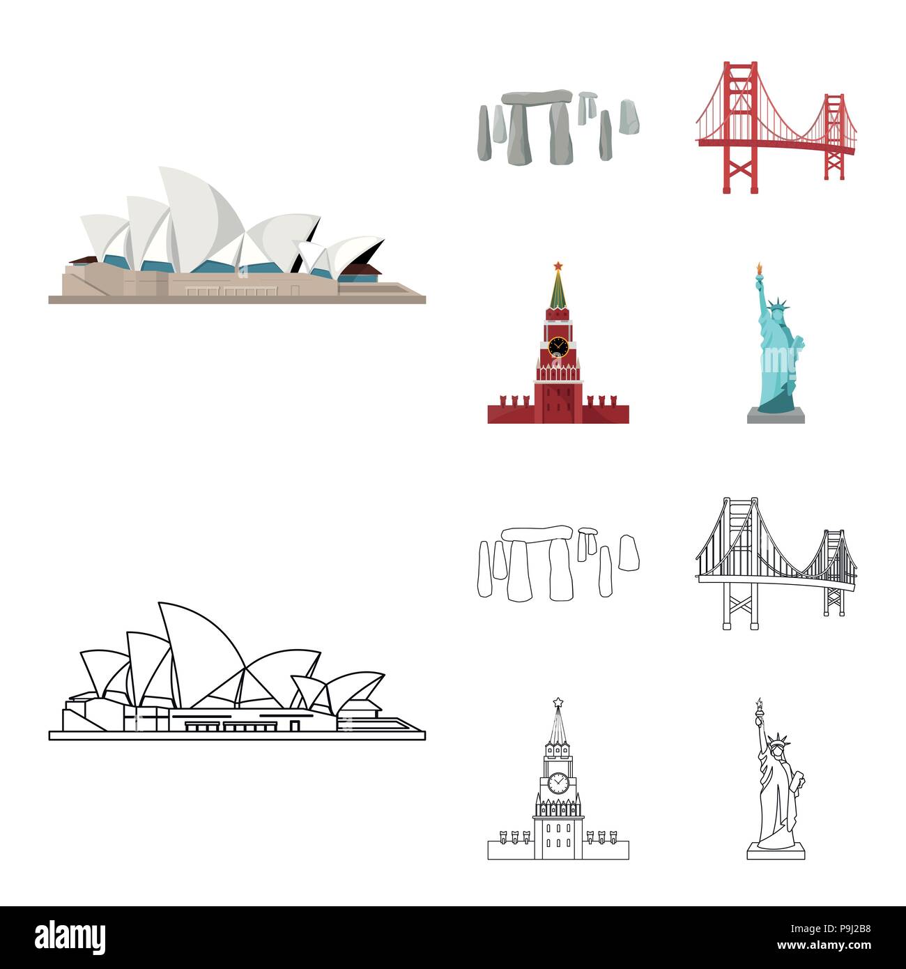 Sights of different countries cartoon,outline icons in set collection ...