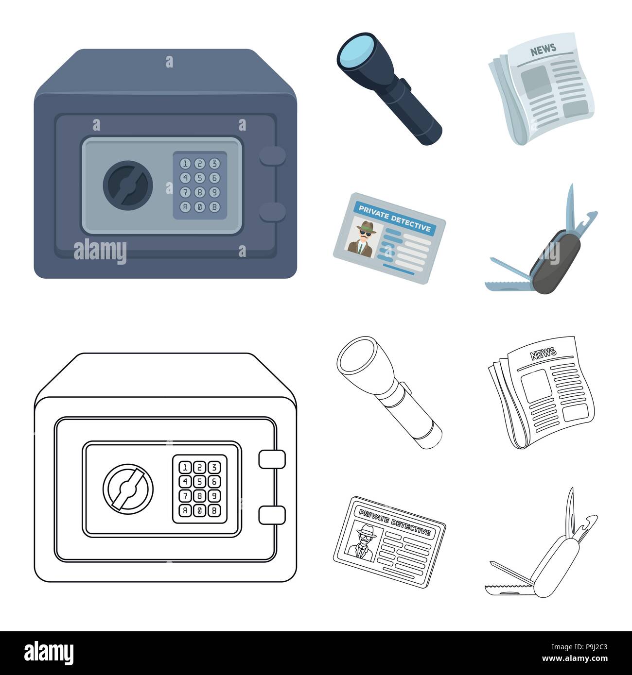 Flashlight, newspaper with news, certificate, folding knife.Detective ...