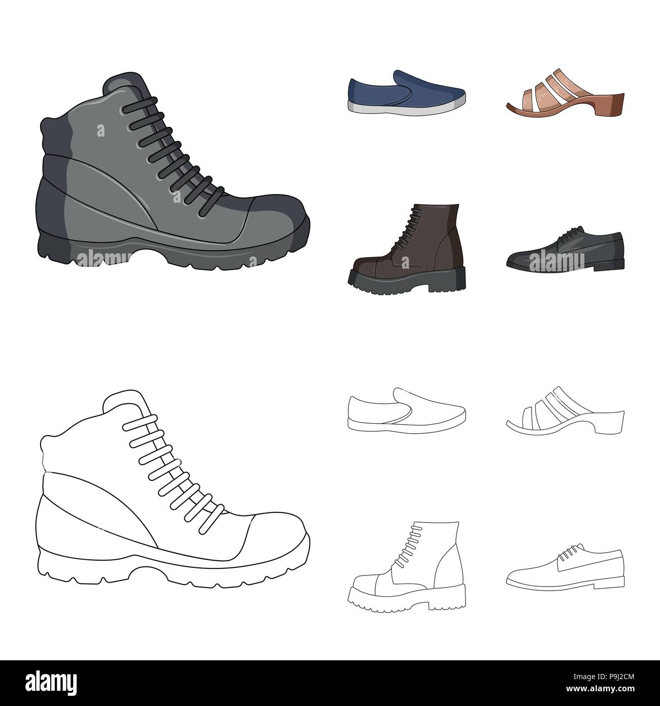 A set of icons on a variety of shoes.Different shoes single icon in ...