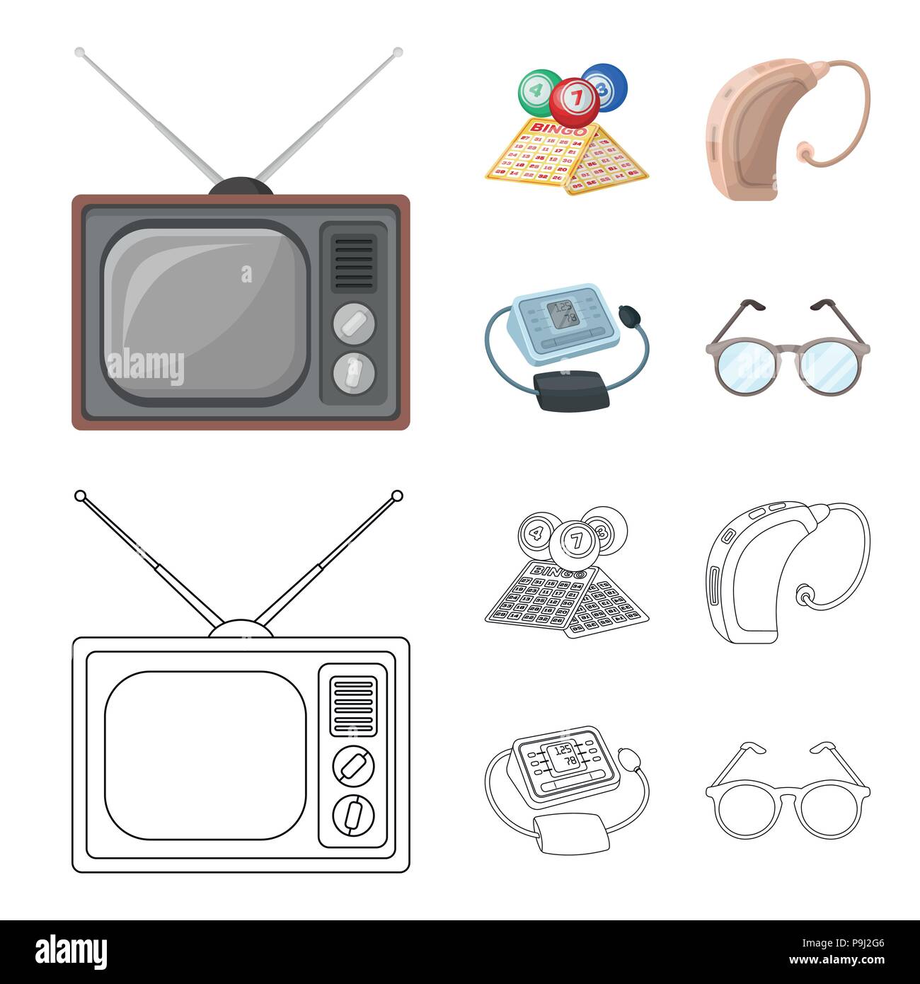 Lottery, hearing aid, tonometer, glasses.Old age set collection icons ...