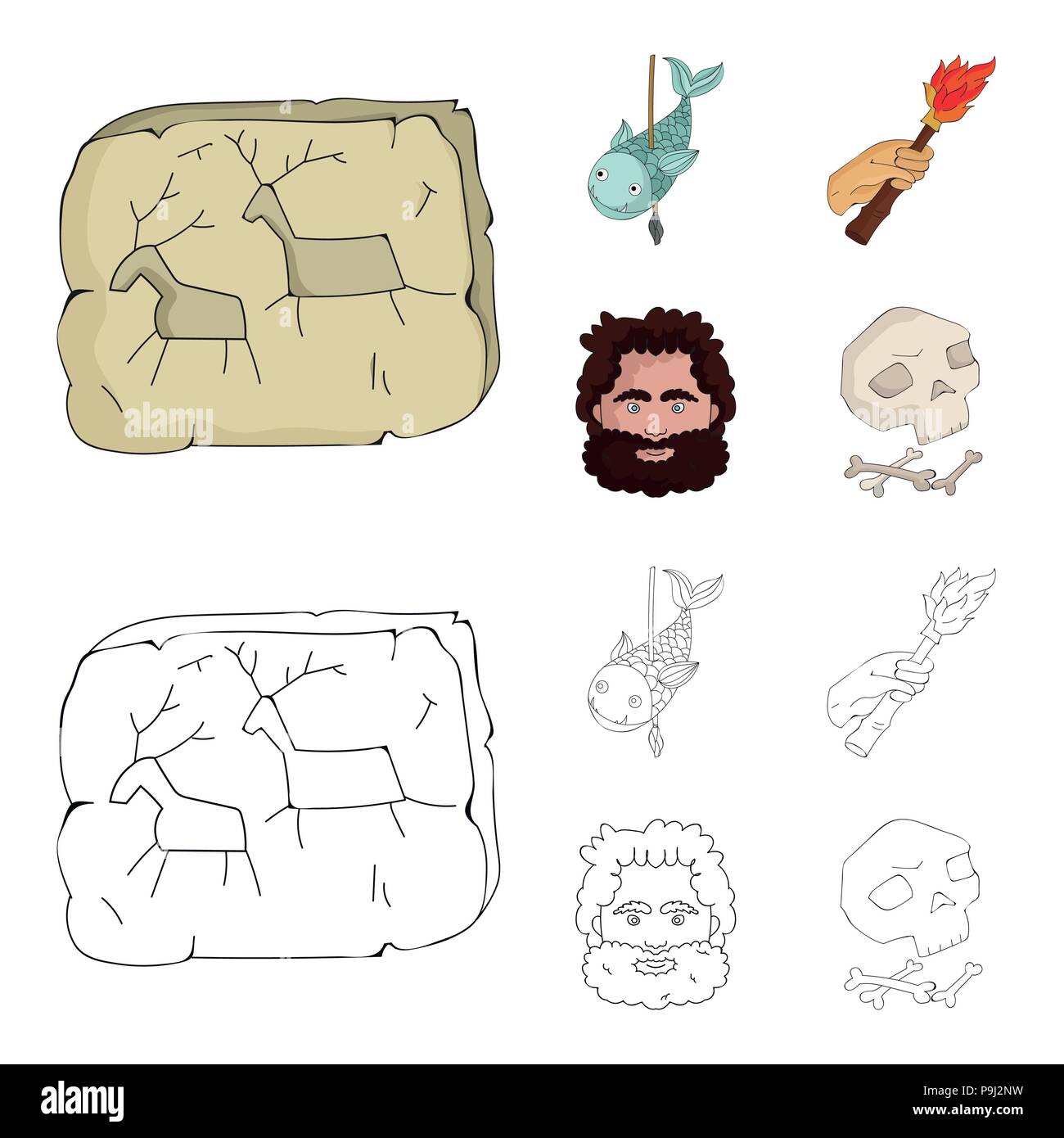 Primitive, fish, spear, torch .Stone age set collection icons in ...