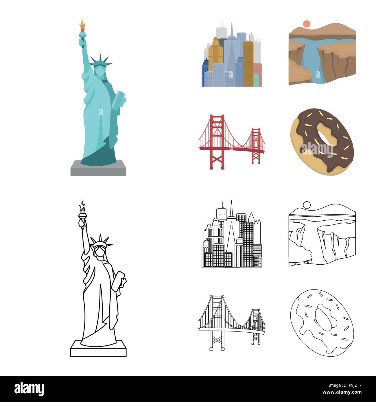 A megacity, a grand canyon, a golden gate bridge, donut with chocolate ...