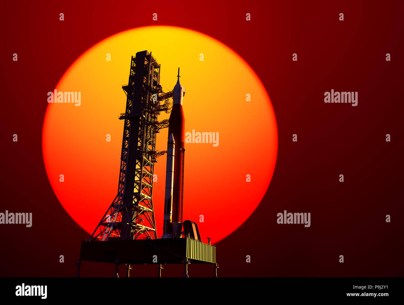 Space Launch System On Launchpad On Background Of Red Sun. 3D ...