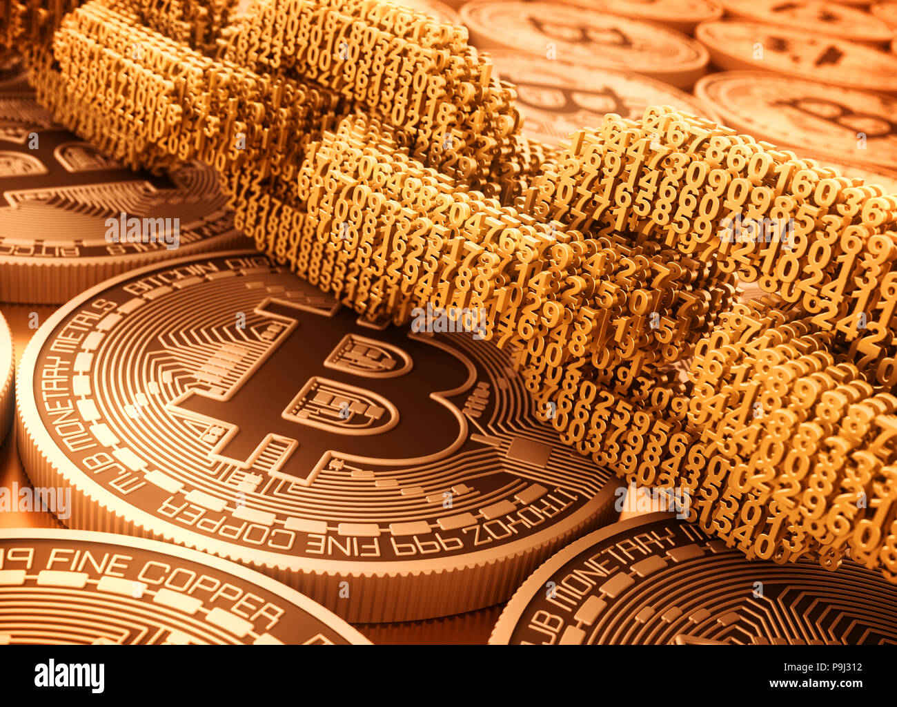 Digital Chain Of Interconnected 3D Numbers And Bitcoins. 3D ...