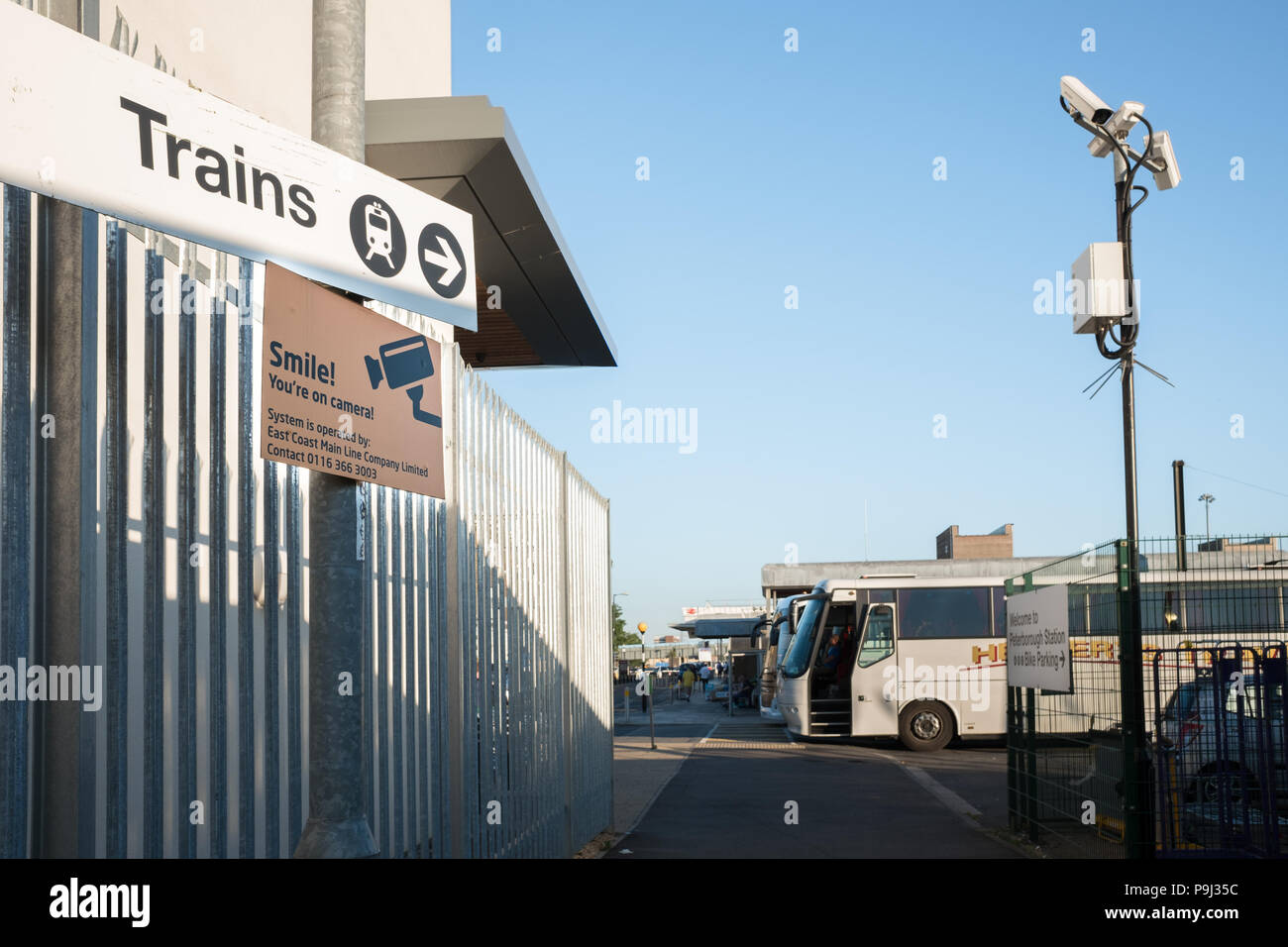 CCTV sign and cameras outside the railway station at Peterborough ...