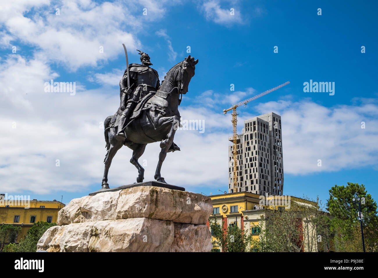 Albania, Tirana, Skanderberg main square, statue of Skanderbeg Stock ...