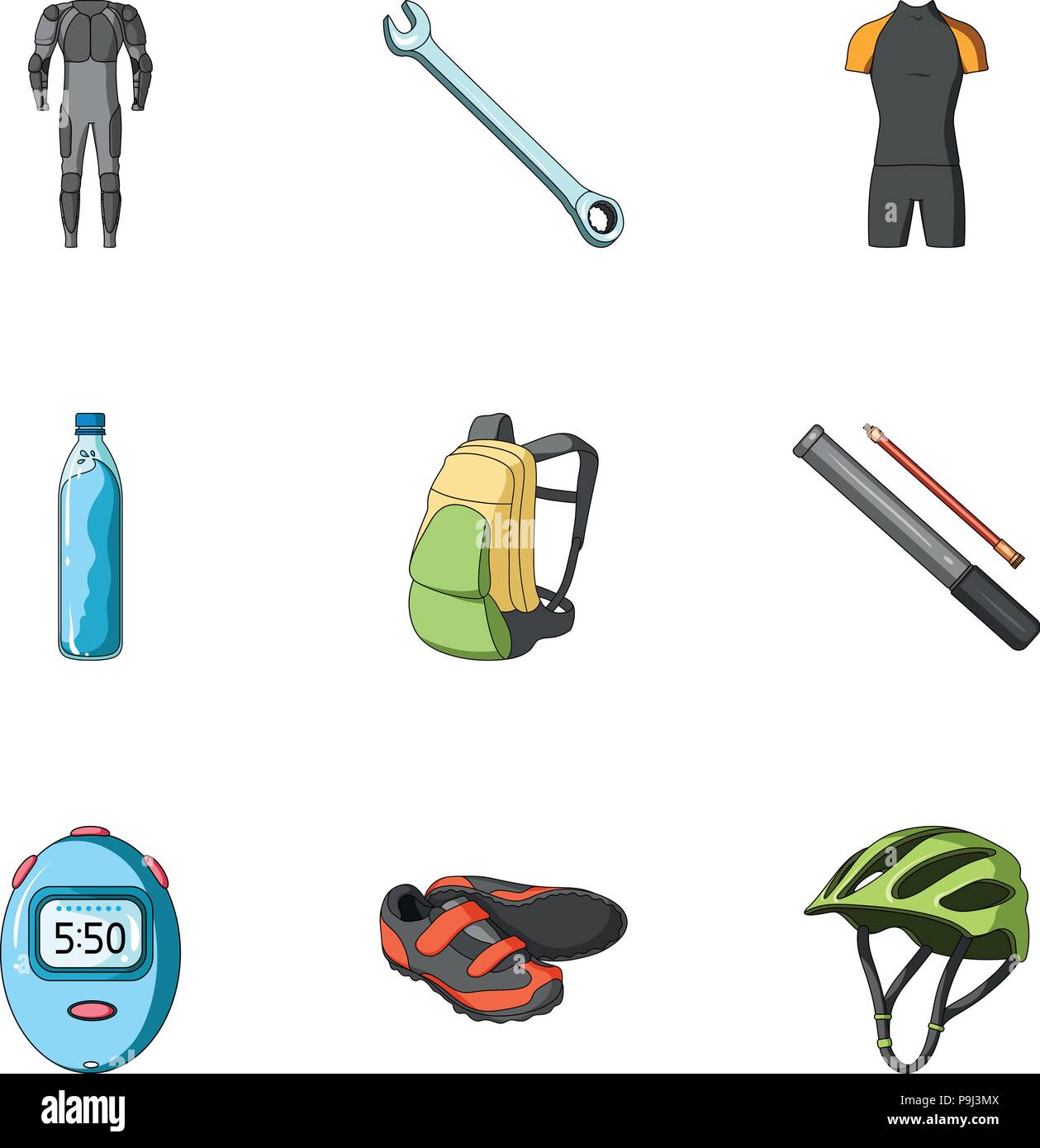 Icons of Cycling, bike. Set for bike, backpack protection, repair, form ...