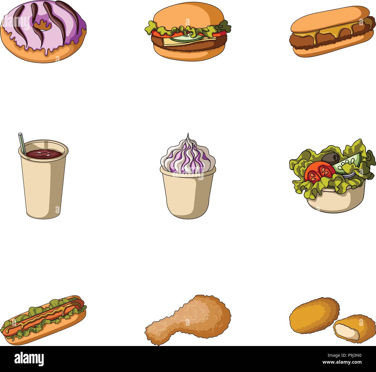Chicken, food, snack, and other icon in cartoon style.Donut, cream ...