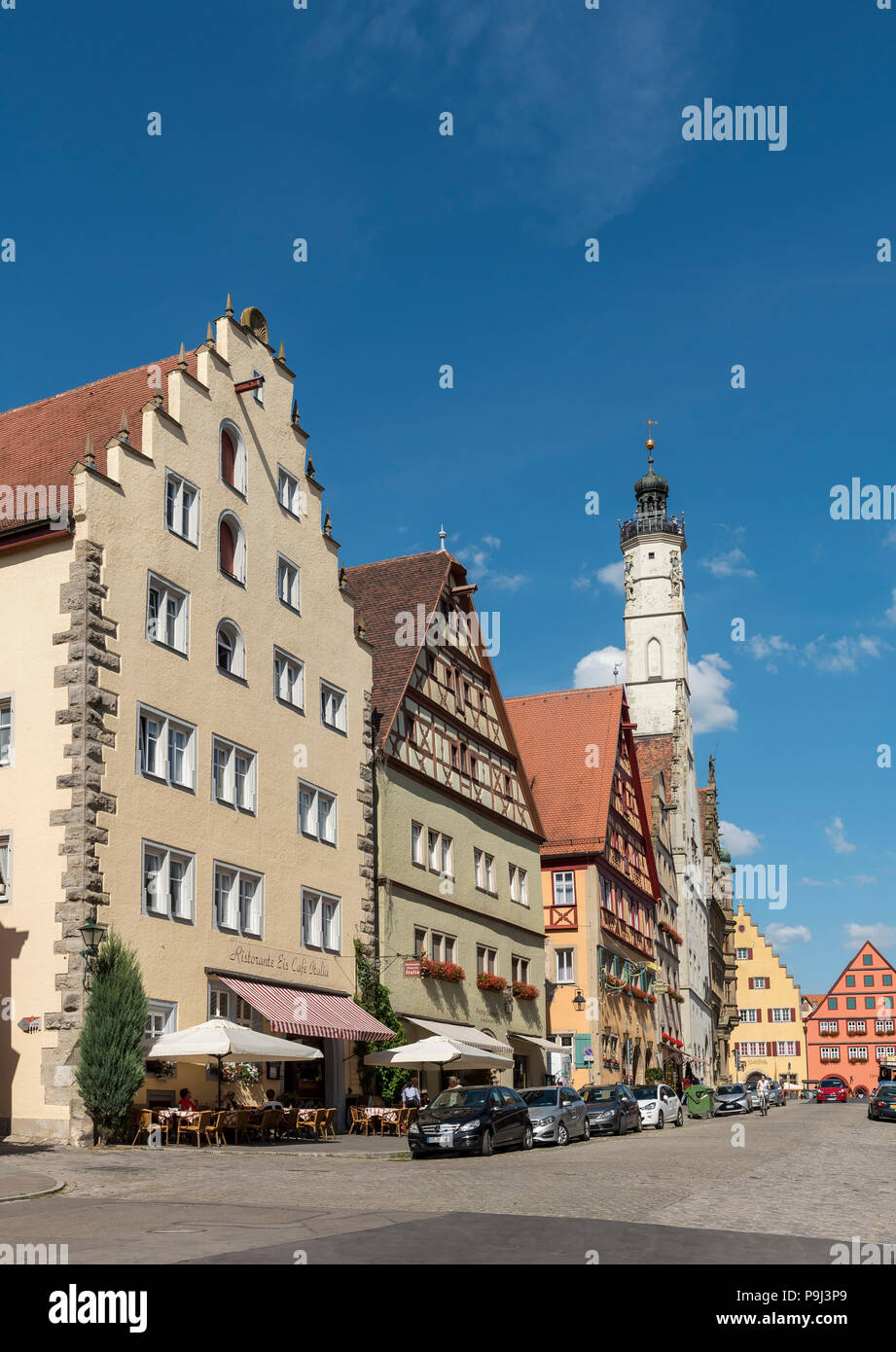 Houses on Herrngasse and Town Hall Tower in Rothenburg ob der Tauber ...