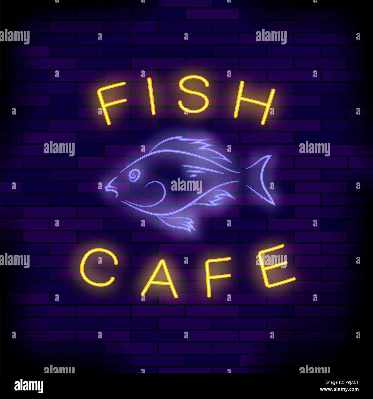 Colorful Neon Fish Cafe Sign Stock Photo - Alamy