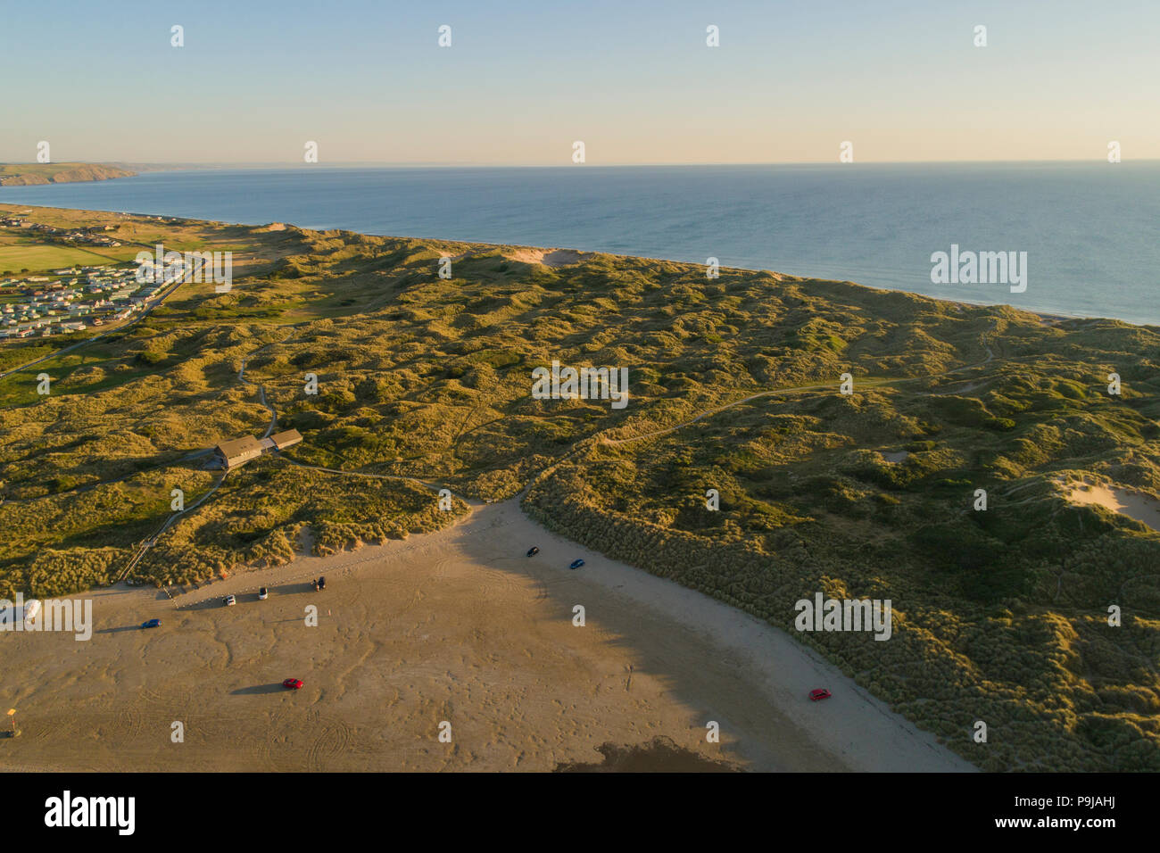 Aerial view of Ynyslas nature reserve, summer evening, on the Dyfi ...