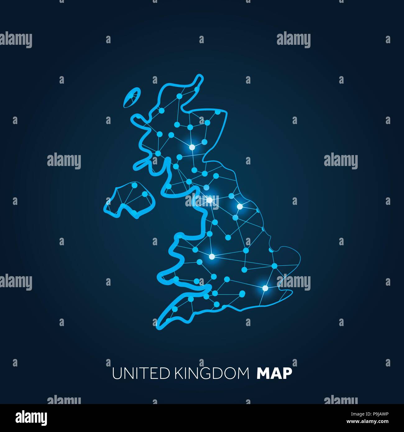 Map of United Kingdom made with connected lines and glowing dots Stock ...