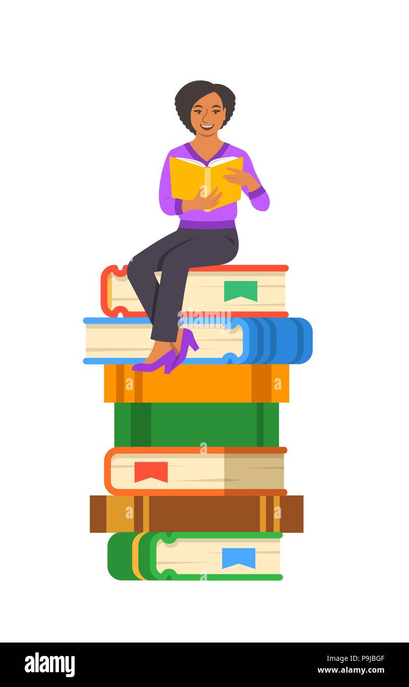 Young black girl student reads open book sitting on stack of giant ...