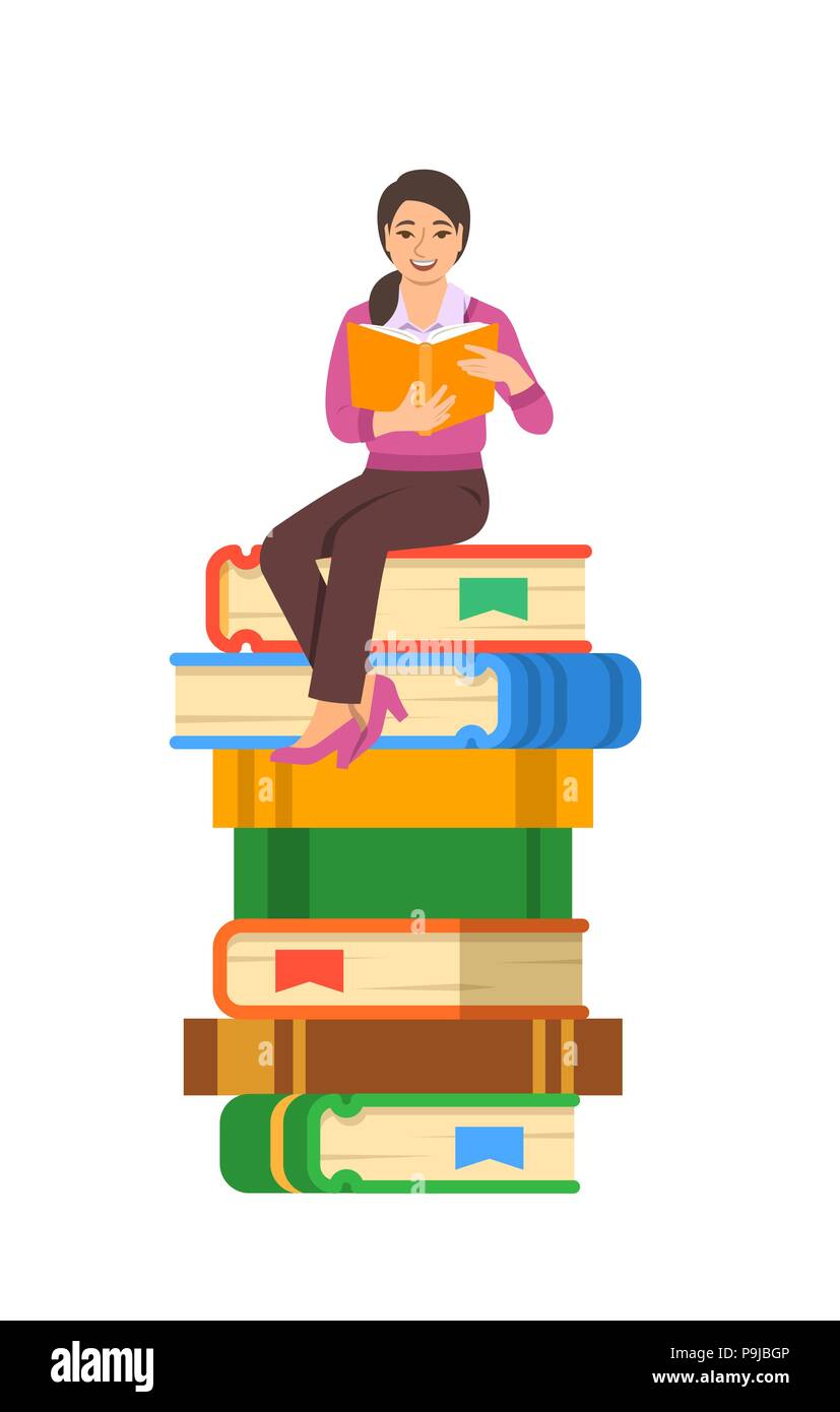 Young asian girl student reads open book sitting on stack of giant ...