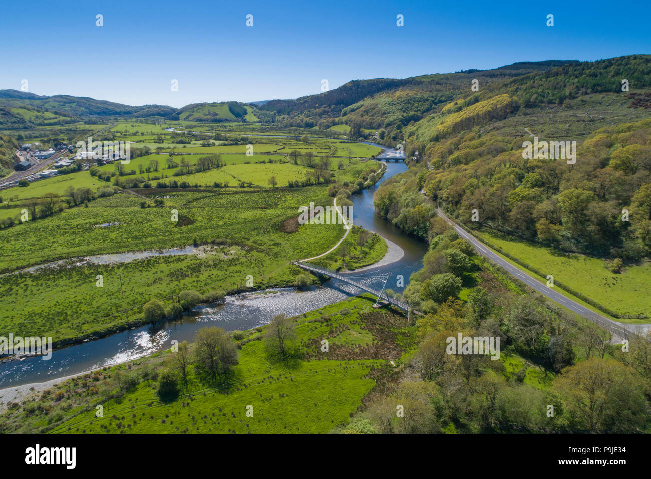 Aerial view of MACHYNLLETH, on the banks of the River Dyfi, Powys, mid ...