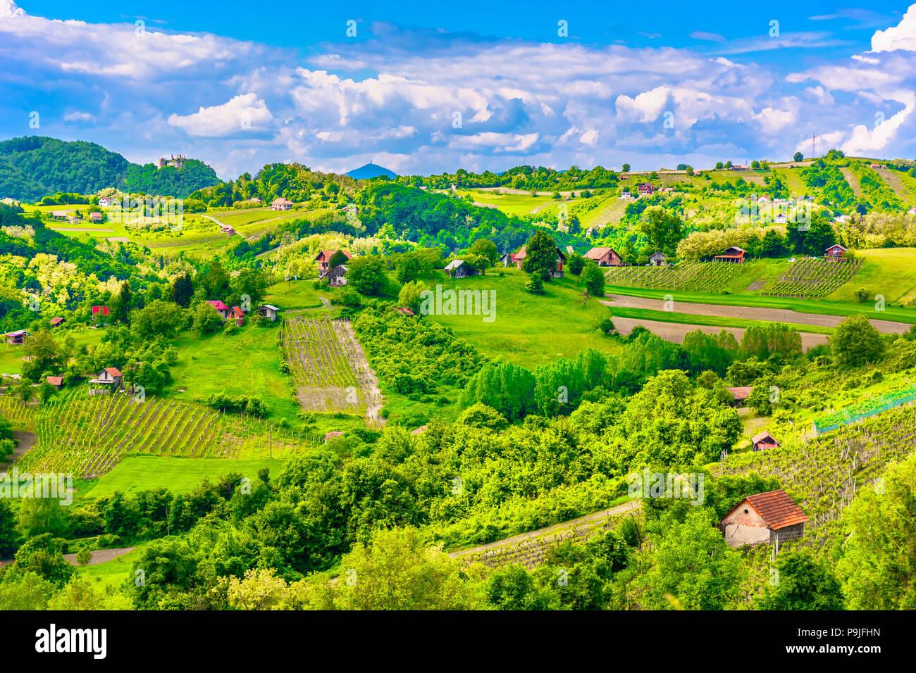 Aerial view at picturesque springtime landscape in Zagorje, Croatia ...