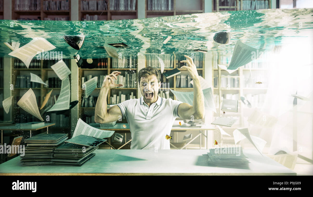 stressed student and flooded library abstract image Stock Photo - Alamy