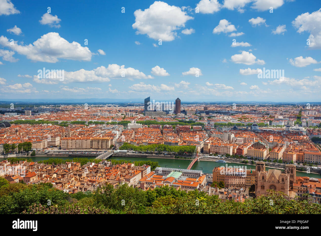 Cathedral Saint Jean Baptiste and the city of Lyon in spring, France ...