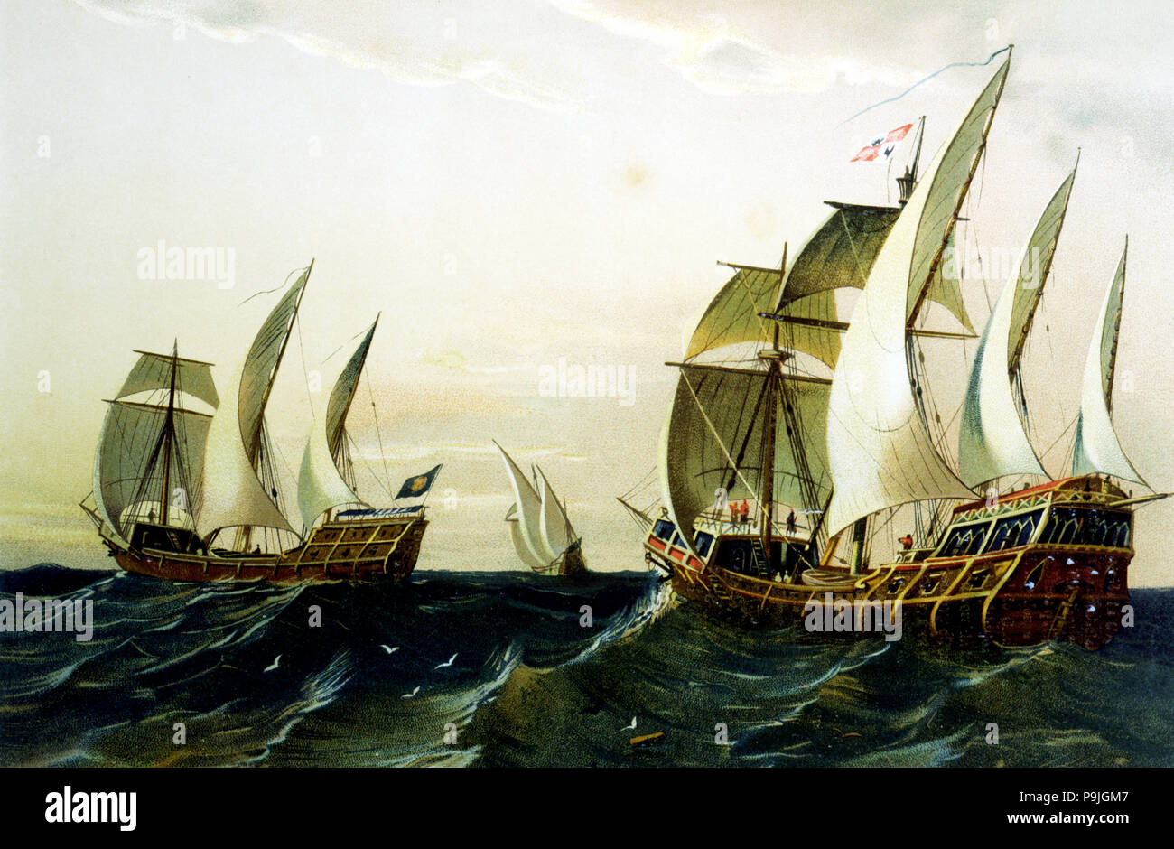 Detail of a lithograph made ??in 1875 showing the Caravels of Columbus ...