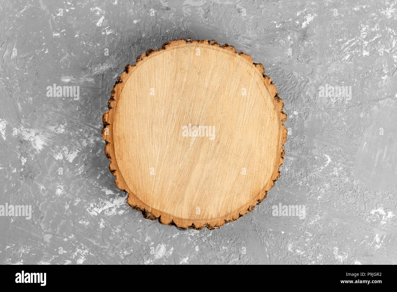 Tree stump round cut with annual rings on cement background. top view ...