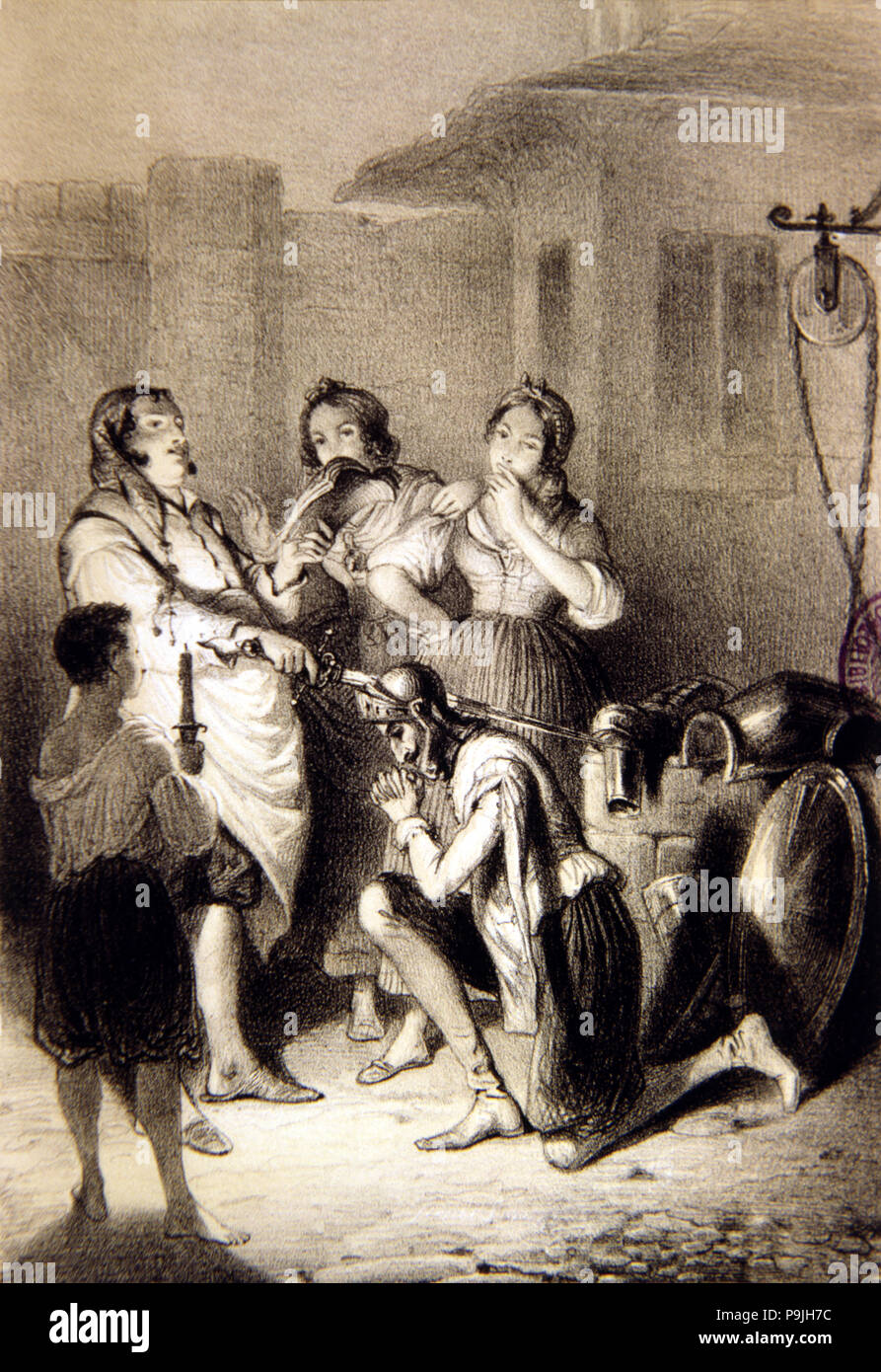 Engraving 'Don Quixote is knighted', character of Miguel de Cervantes ...