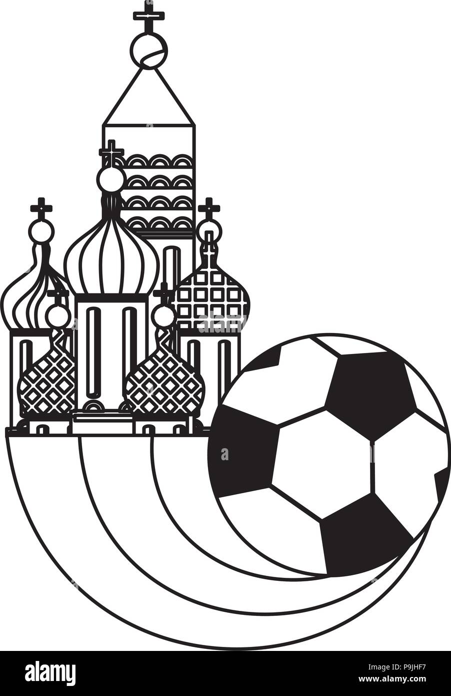 Saint Basil's Cathedral with football ball and russia flag icon over ...
