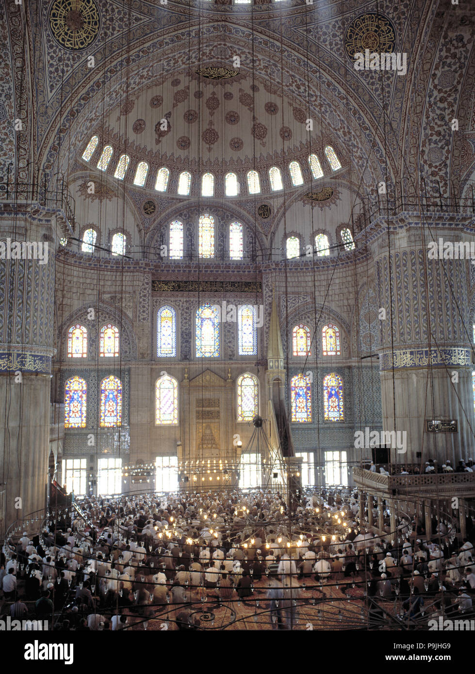 Interior view of the Blue Mosque in Istanbul during Friday prayers ...