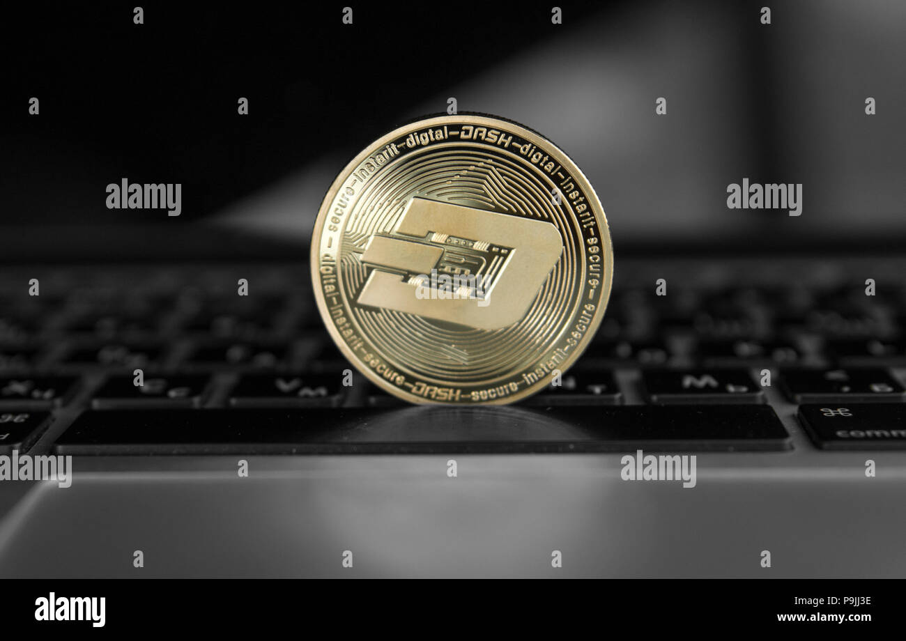 Dash coin symbol on laptop. Concept financial currency, crypto currency ...