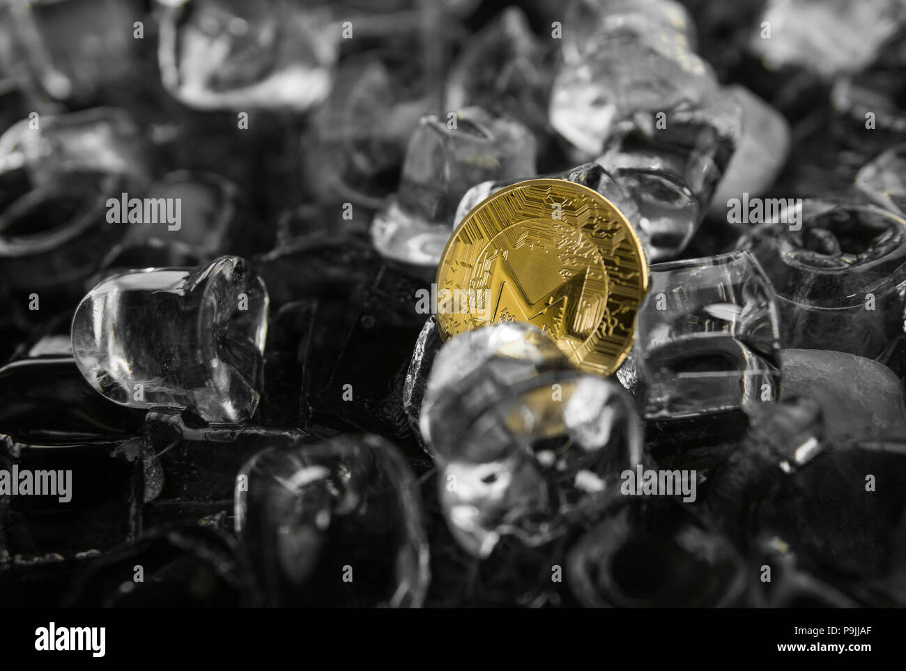 Digital currency physical metal gold monero coin on ice background. The ...