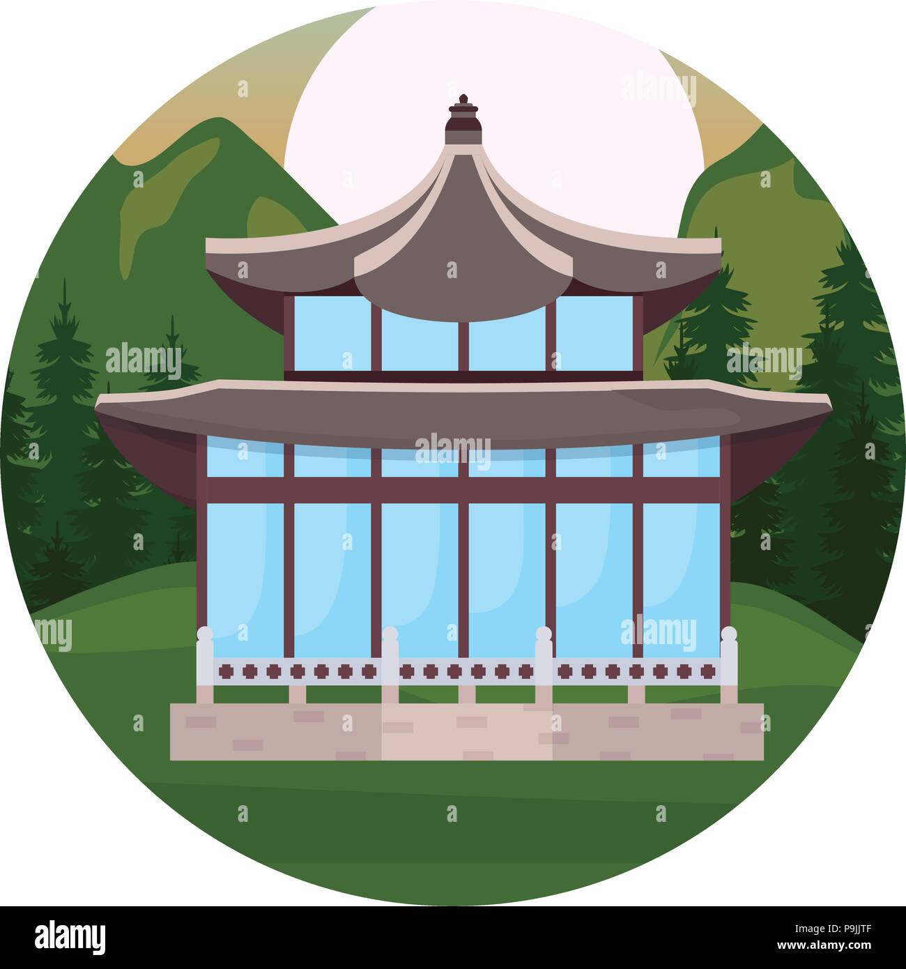 iconic asian landmark over landscape in circle shape and white ...