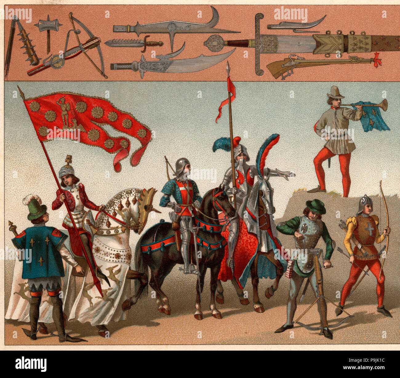 Offensive weapons. Knights in armor and infantry archers, crossbowmen ...