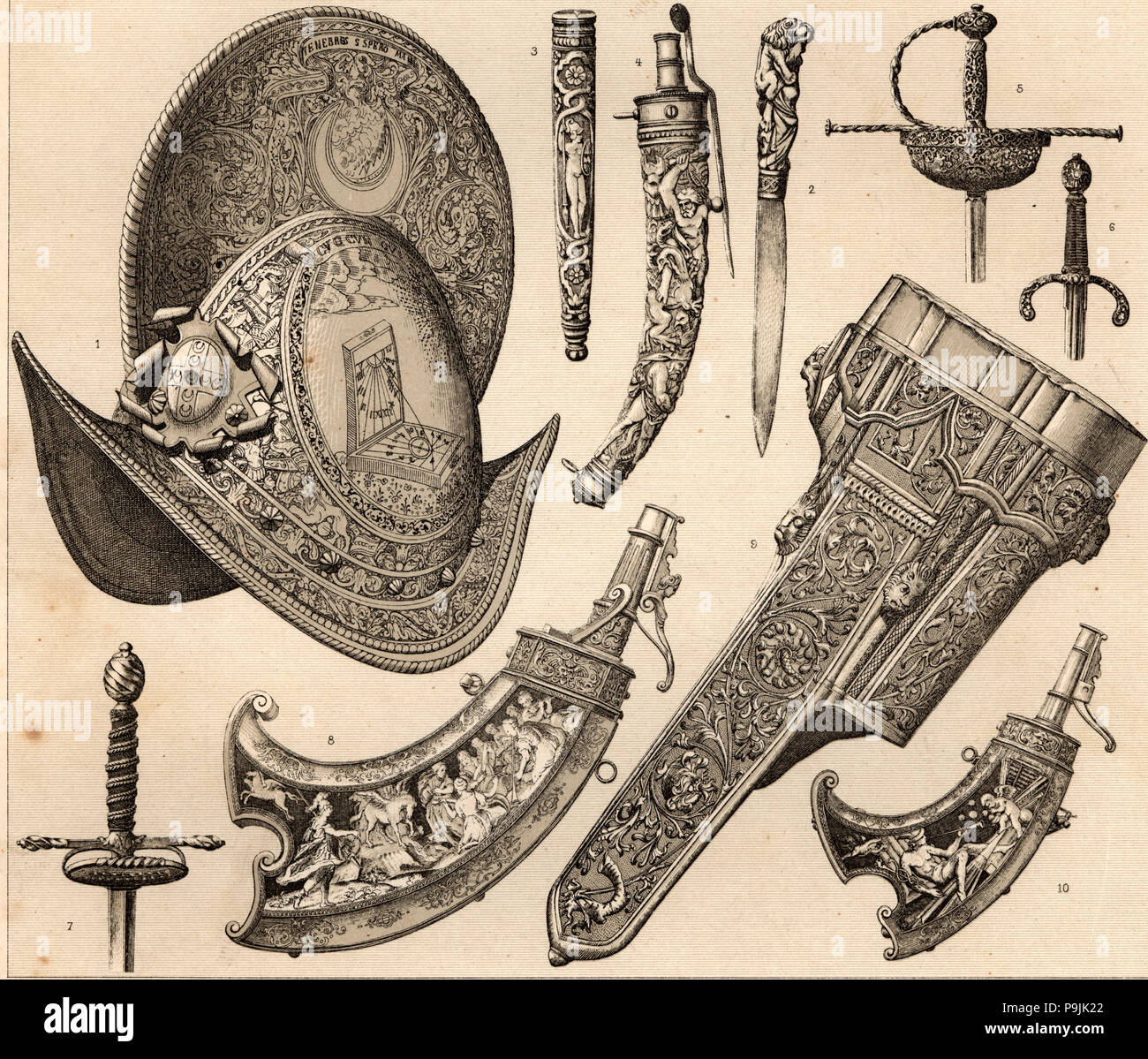 Various French weapons, helmets, knives and gun powder layers Stock ...