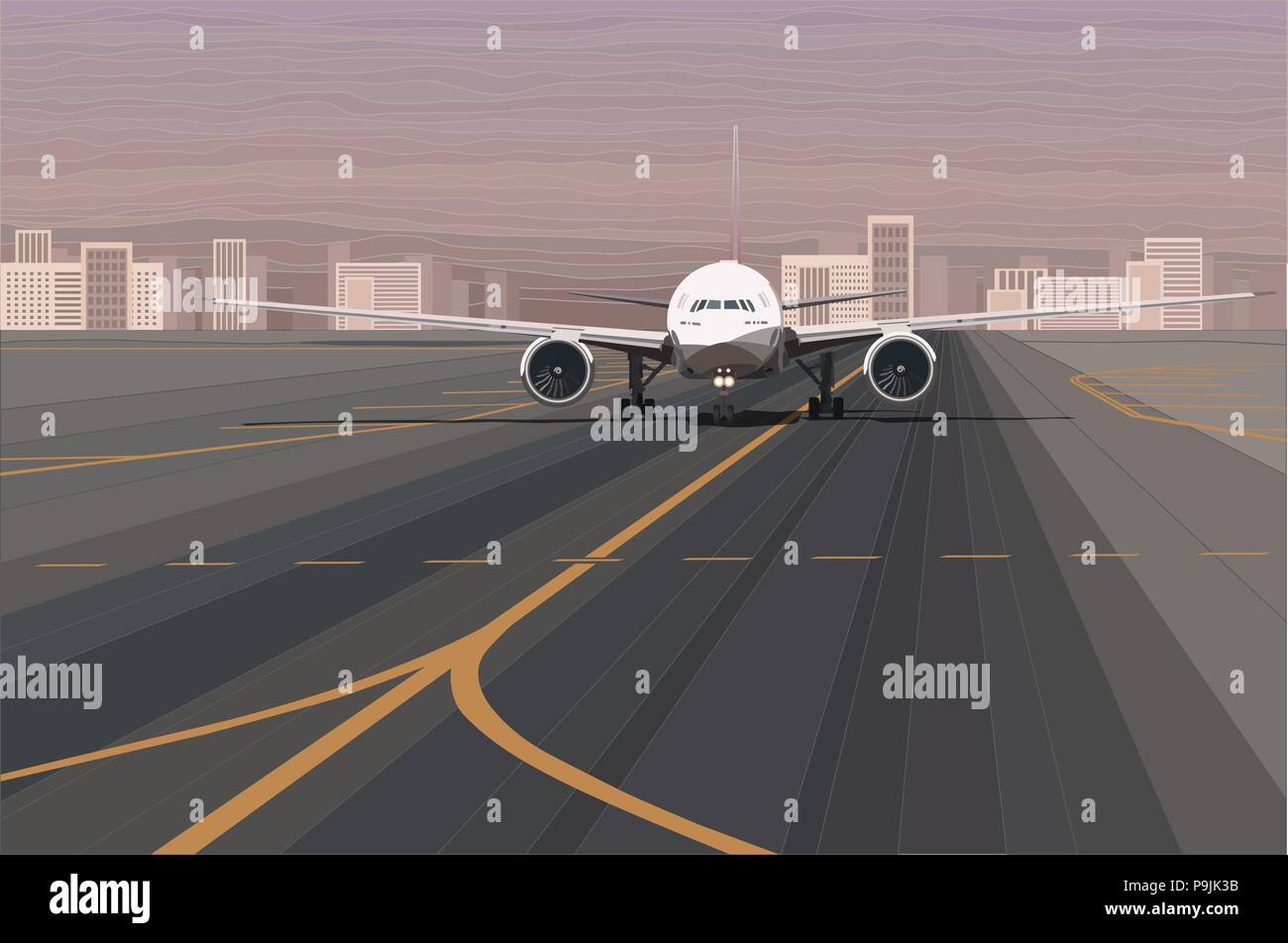 White passenger airplane on the airport runway vector illustration ...