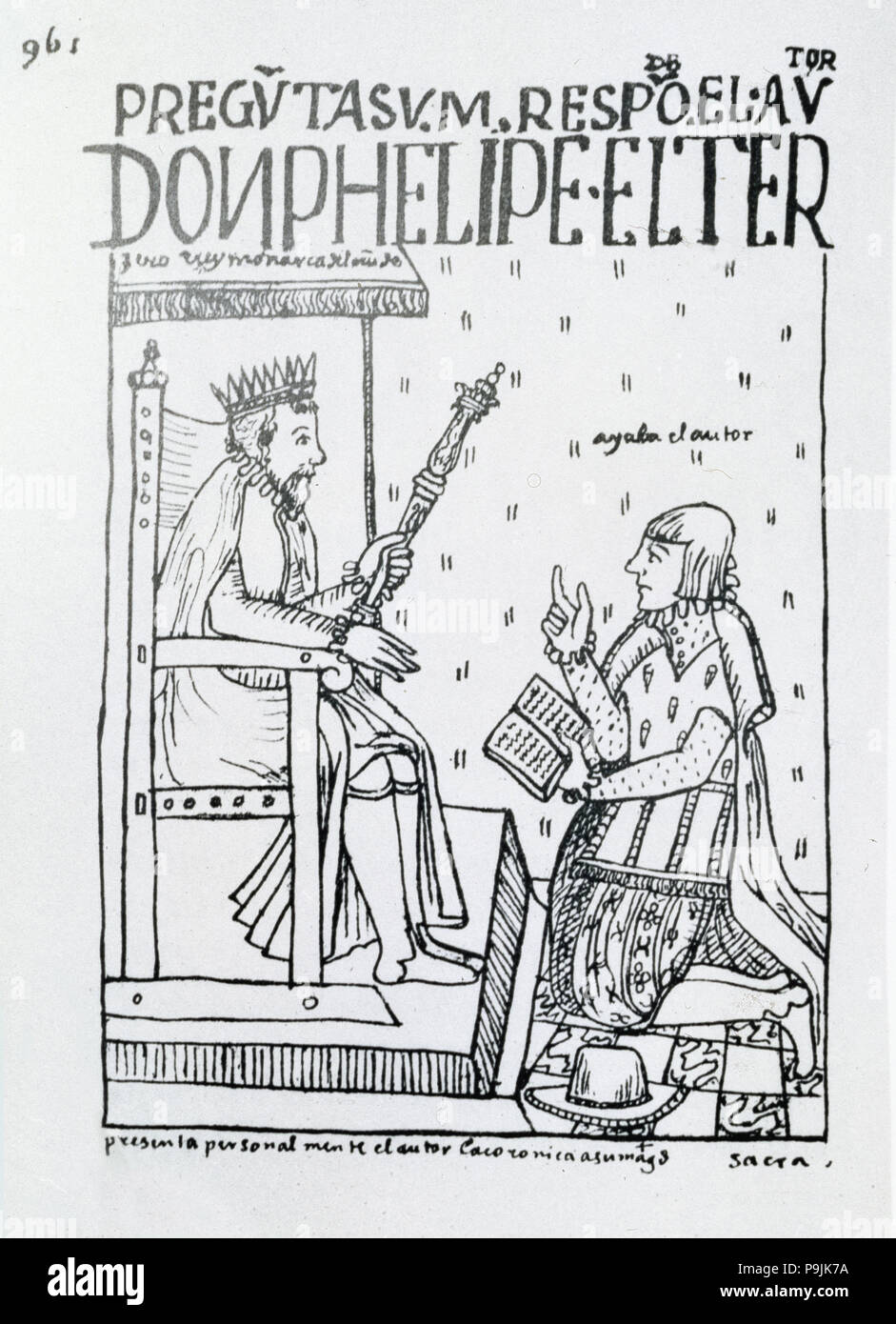 Poma de Ayala appears prostrate before the King Philip II, illustration ...