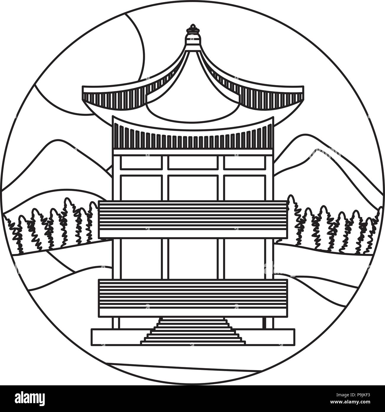 iconic asian landmark over landscape in circle shape and white ...