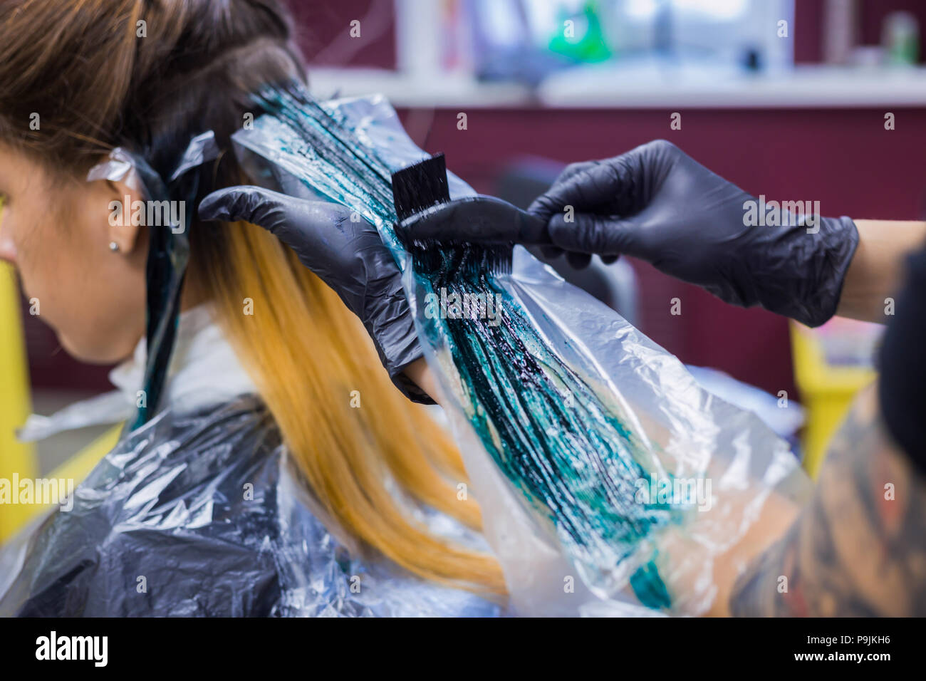 Professional hairdresser, stylist coloring hair of woman client at ...