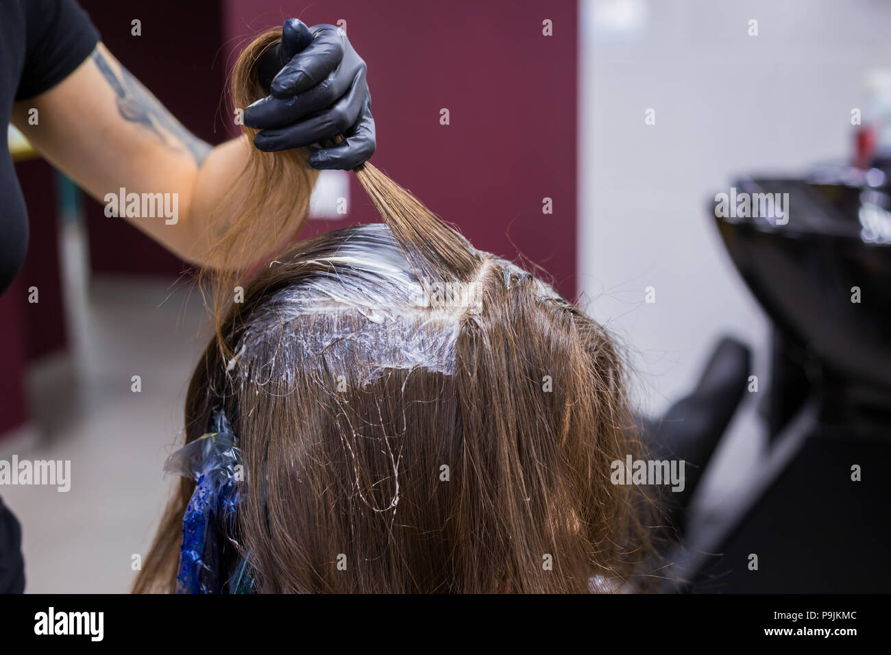 Professional hairdresser, stylist coloring hair of woman client at ...