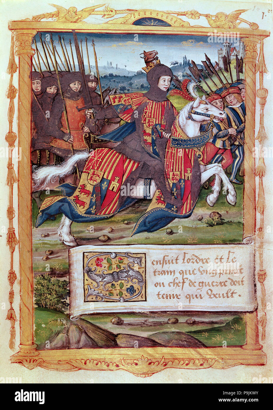 Head of a host riding at the head of a group of pikemen, miniature of a ...