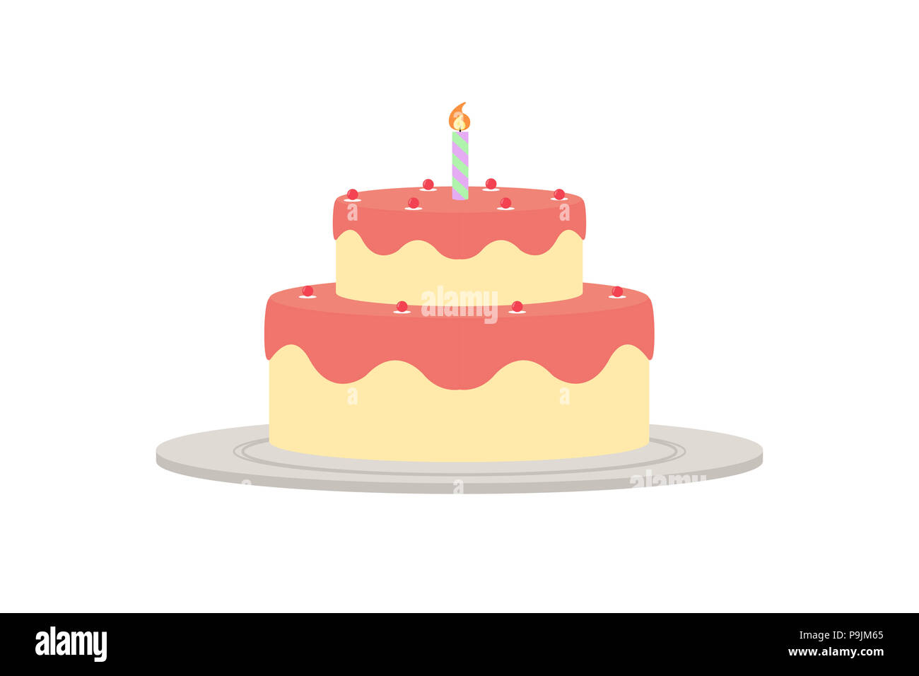 Illustrated drawing of a festive cake of two tiers with one candle ...