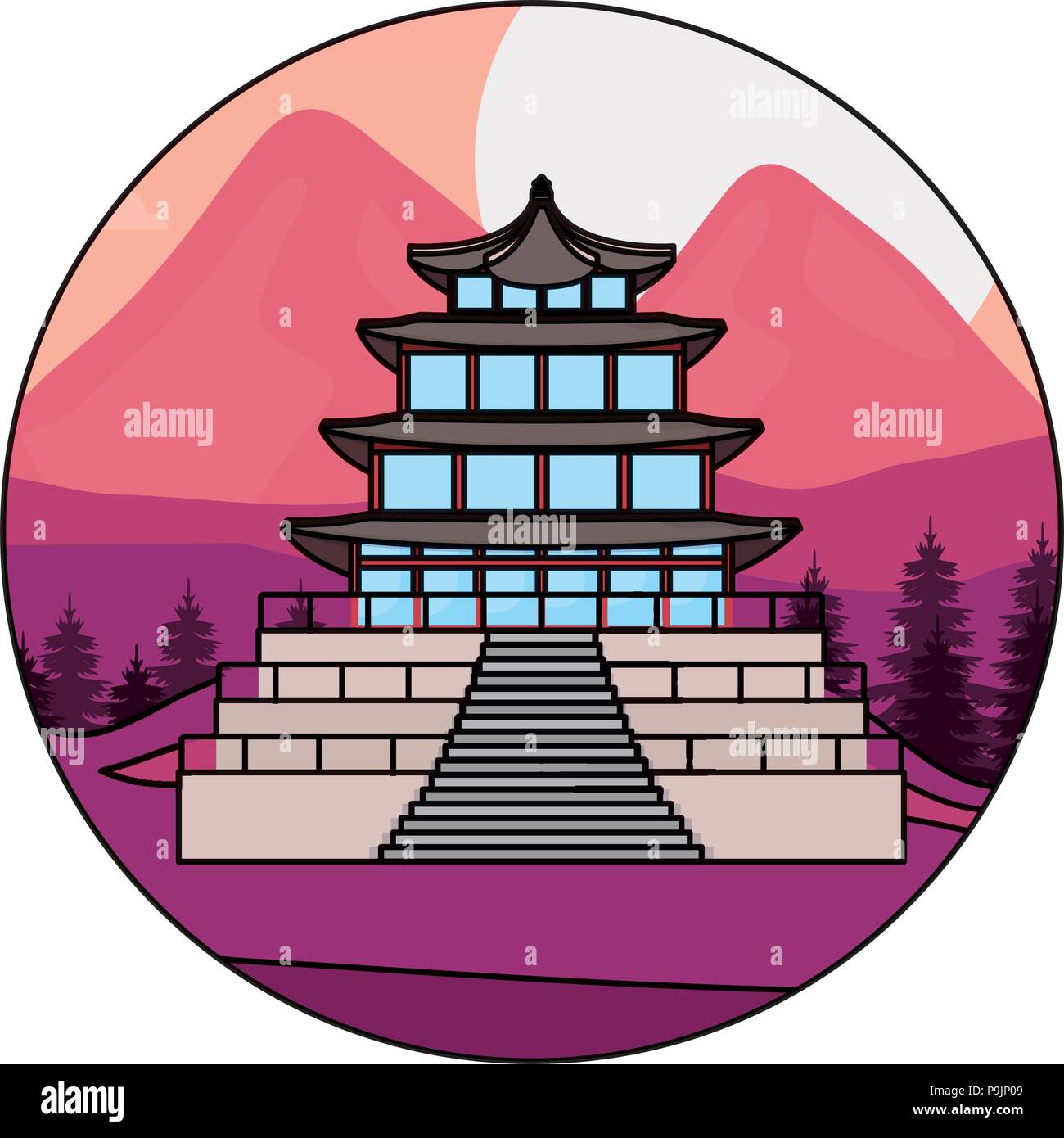 iconic asian landmark over landscape in circle shape and white ...