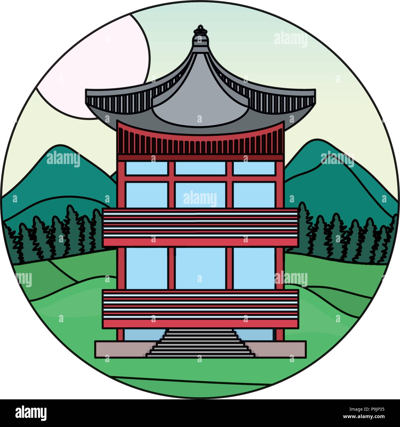 iconic asian landmark over landscape in circle shape and white ...
